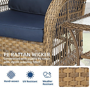 SOCIALCOMFY 3-Piece Patio Wicker Conversation Bistro Set, Rattan Gliding Rocking Swivel Chairs with Cushion and Glass Top Side Table Outdoor Furniture Sets for Garden Backyard, Navy Blue