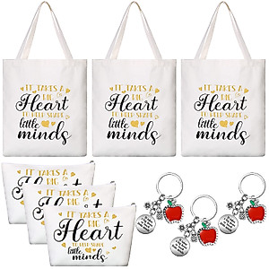 9 Pcs Teachers Appreciation Gifts Christmas Gift Cotton Tote Makeup Bag Teacher Cosmetic Bag with Zipper, Graduation End of Year Apple Keychain Gifts from Students for Teacher