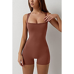 QINSEN Women's Sexy Tube Top One Piece Jumpsuit Square Neck Short Length Romper Brown S