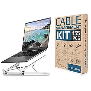 SHELCONE Cable Management Kit 155 PCS, Portable, 23 Adhesive Cable Clips, 3 Cord Holder, 100 Zip Ties, 5 Self Adhesive Cord Holder, 1 Self Adhesive Strap Roll, 20 Zip Tie Mounts (Black)