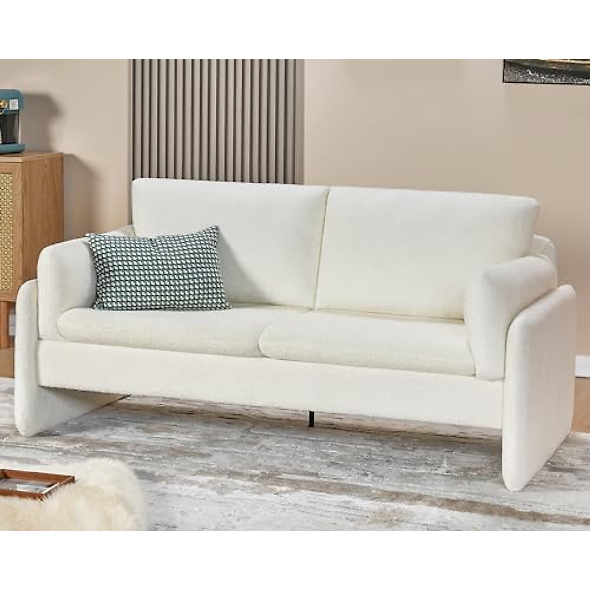 VanAcc Sofa, Modern Couch- Comfy Sofa Couch in Offwhite Bouclé with Embedded Armrest, 3-Seater Couch for Living Room
