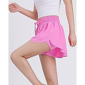 JOCMIC Girls Flowy Shorts, 2 in 1 Preppy Butterfly Shorts with Spandex Liner for Cheer Athletic Gym Kids Casual Clothes Rose Red 12 Years