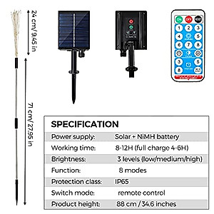 8 Packs Outdoor Solar Firework Lights with Remote 8 Modes 120 Led Waterproof Solar Warm White Garden Firework Lamp Decorative Stake Landscape Light for Pathway Patio Lawn Yard Wedding Party Decor