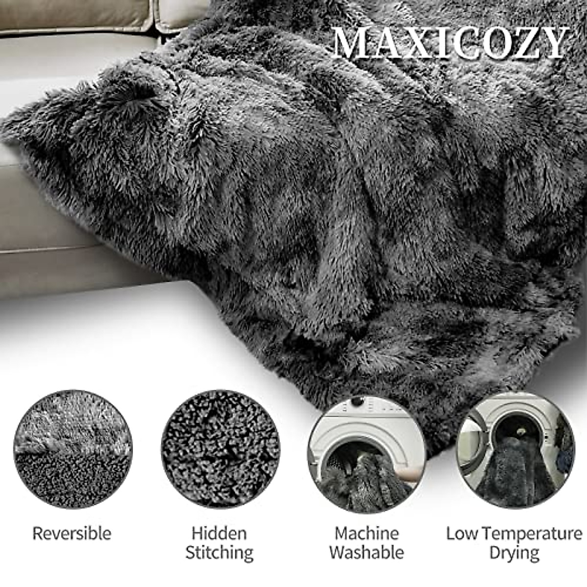 MAXICOZY Faux Fur Throw Blanket, Soft Fluffy Sherpa and Fleece Blankets, Comfy and Fuzzy Plush Throw, 50" x 60", Cozy Machine Washable Throws for Bed, Chair and Couch