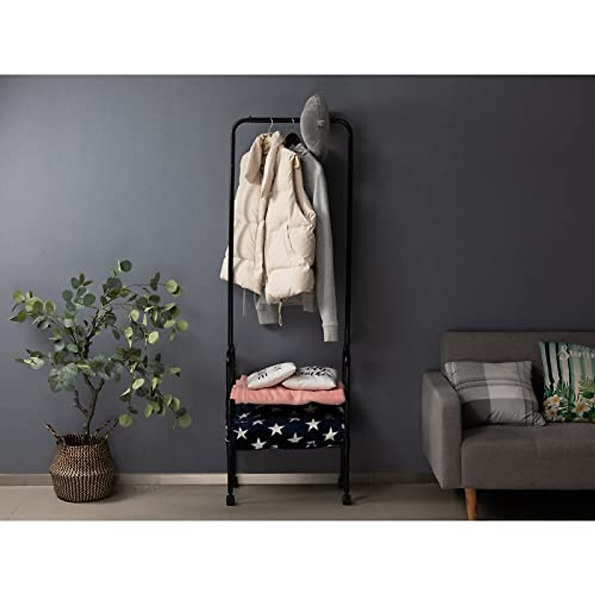 MATICO 2-in-1 Metal Garment Rack with Clothes Hanger, 2 Tier Wire Coat Storage Organizers Laundry Holders with 1 Metal Shelf and 1 Basket for Home and Dormitory, Black