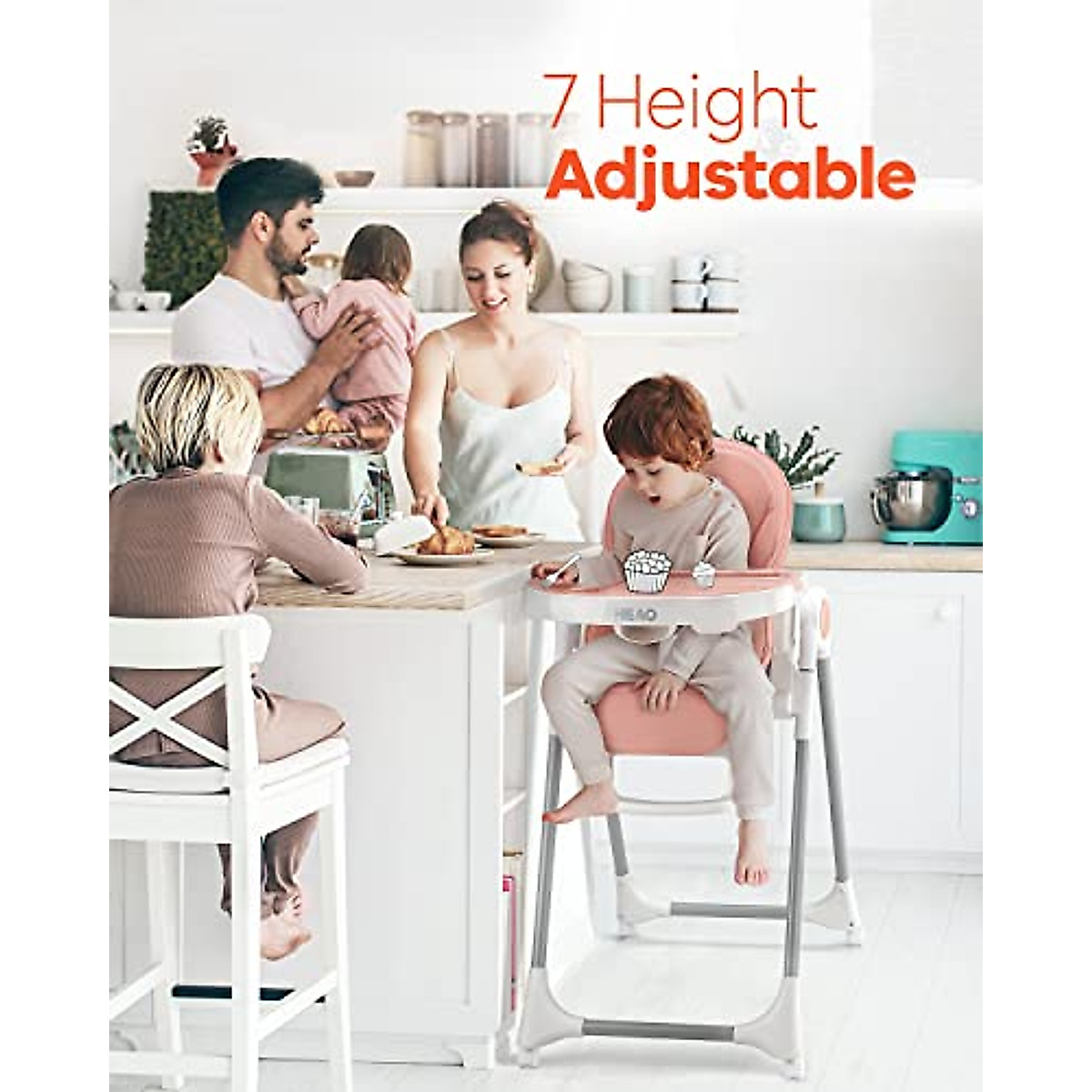 HEAO Adjustable 7 Height 5 Reclining Angle Foldable Baby High Chair with 360 Degree Rotating Wheels, 3 Footrest Positions, and Removable Tray, Pink