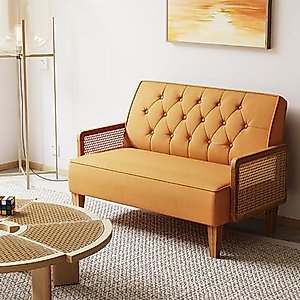 annjoe Button Tufted Loveseat Settee Upholstered Sofa with Natural Rattan Armrest Backrest Buckle Couch Banquette Bench for Dining Room Living Room Bedroom Funiture