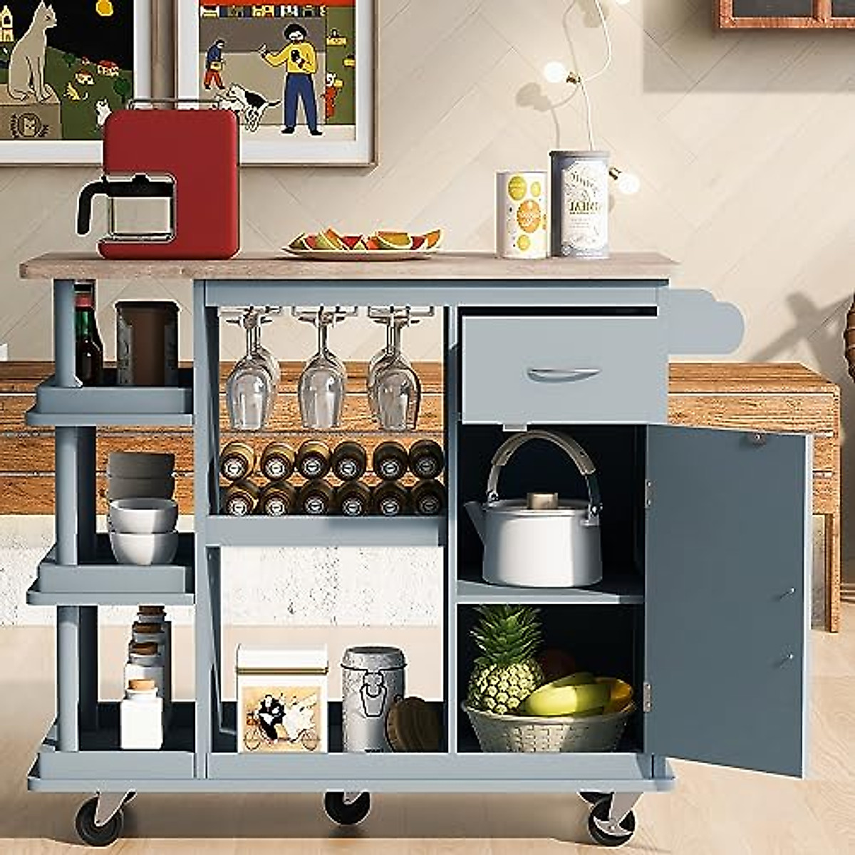 TOCLIU Bar Cart, Serving Cart Microwave Cart, Drink Cart, Mobile Kitchen Shelf with Wine Rack and Glass Holder, Rolling Beverage Cart for Home (Blue)