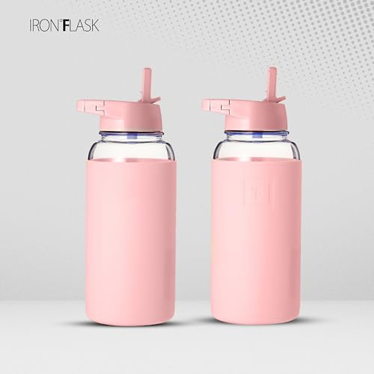 IRON °FLASK Glass Sports Water Bottle - Straw Lid, Airtight Leak Proof, Vacuum Insulated, Bosilicate Glass, Silicone Sleeve, Retains Temperature - Rose, 32 Oz