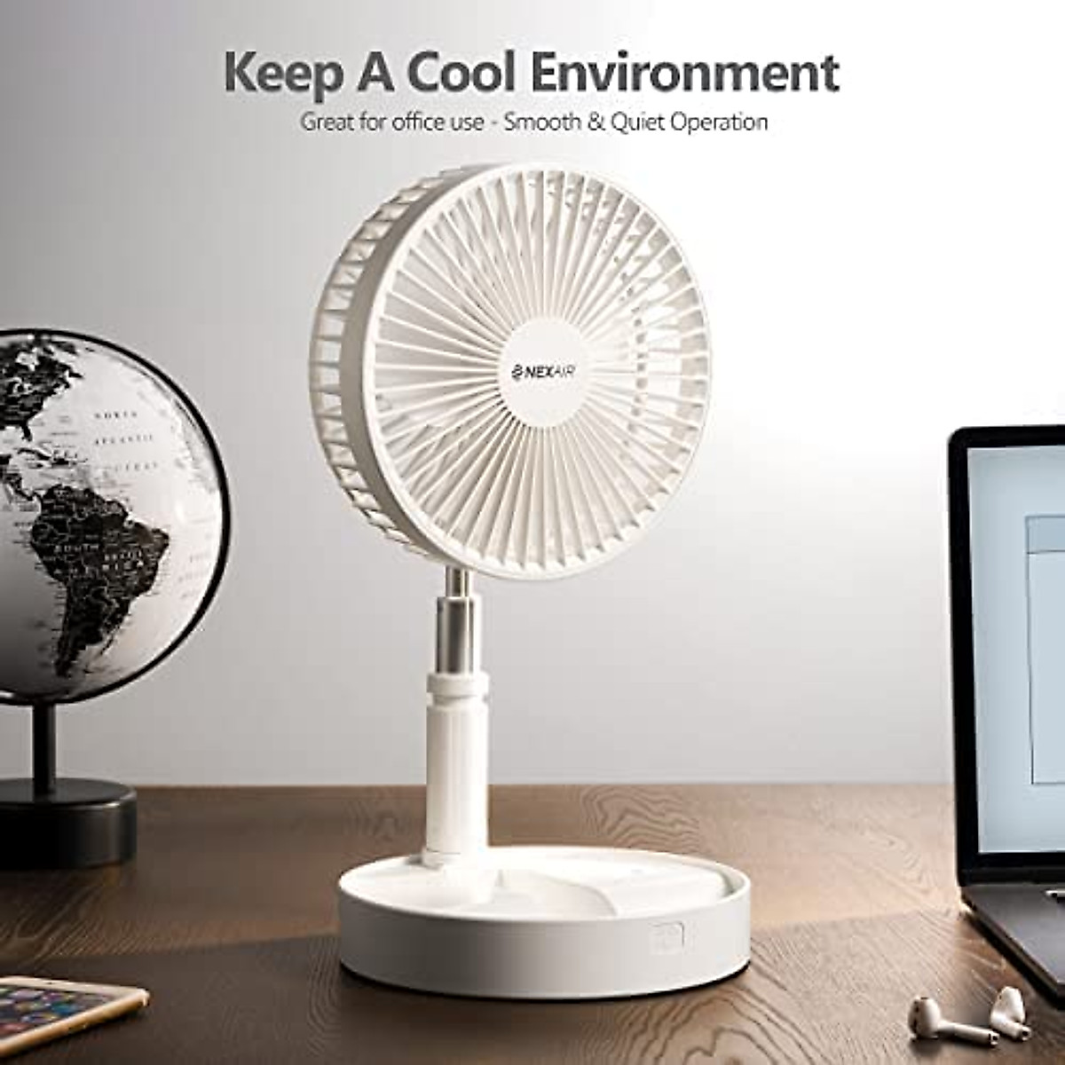 NEXAIR Premium Foldable Fan, 4 Speed Portable Fan with Adjustable Height 14” – 39.5 in, Rechargeable Folding Fan For Home And Office, Quiet Floor Fan For Bedroom, Battery Operated Fan For Travel