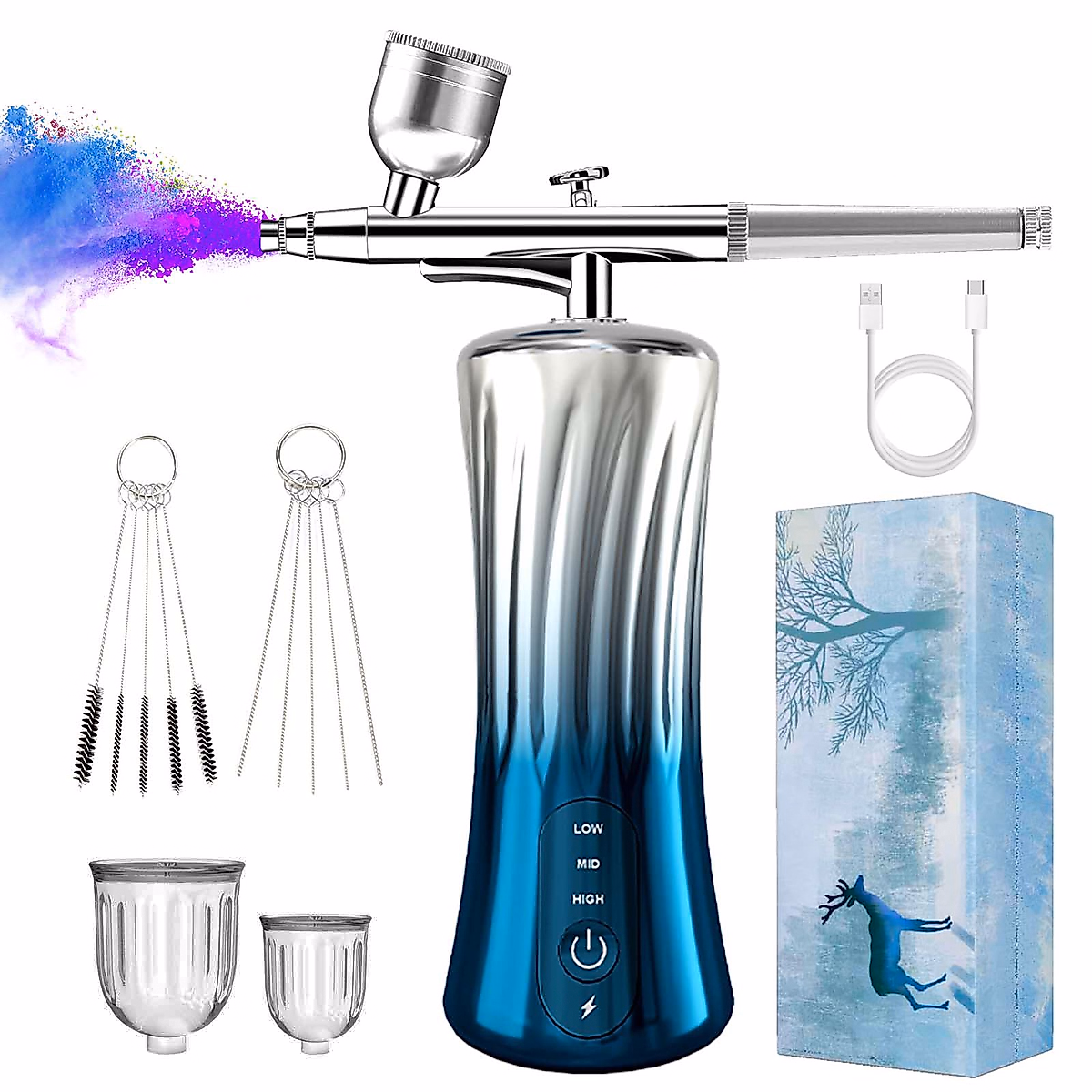 Airbrush Kit with Compressor, Portable Handheld Cordless Airbrush Gun with 0.3mm & 0.5mm Nozzle, Cordless Air Brush for Nails Art, Painting, Cake Decor, Cookie, Model, Makeup, Barber