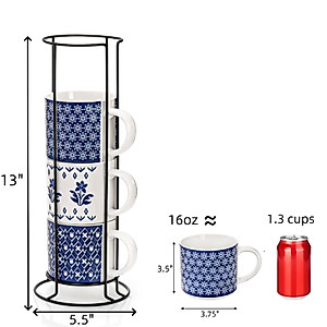 Eorbow 4 Pack Ceramic Coffee Mug Set with Rack, 16 OZ Stackable Cappuccino Cups with Metal Stand, Blue and White Porcelain Tea Mugs for Latte, Americano, Milk, Hot Cocoa, Beverages, Microwave Safe