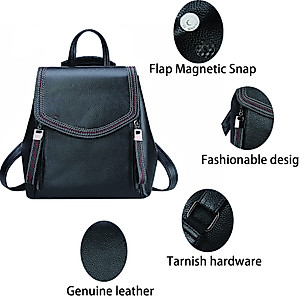 HESHE Women’s Genuine Leather Backpack Casual Style Flap Backpacks Daypack for Ladies and Girls (Black)
