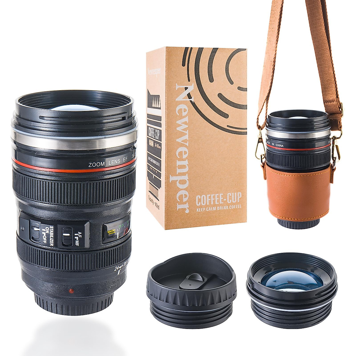 Newvenper Camera Lens Coffee Mug, 304 Stainless Steel Lens Insulated Travel Coffee Mug, BPA Free, Leak Proof, with 2 Lids, for Hot and Cold Drinking Coffee, Tea and Beer, 13.5floz