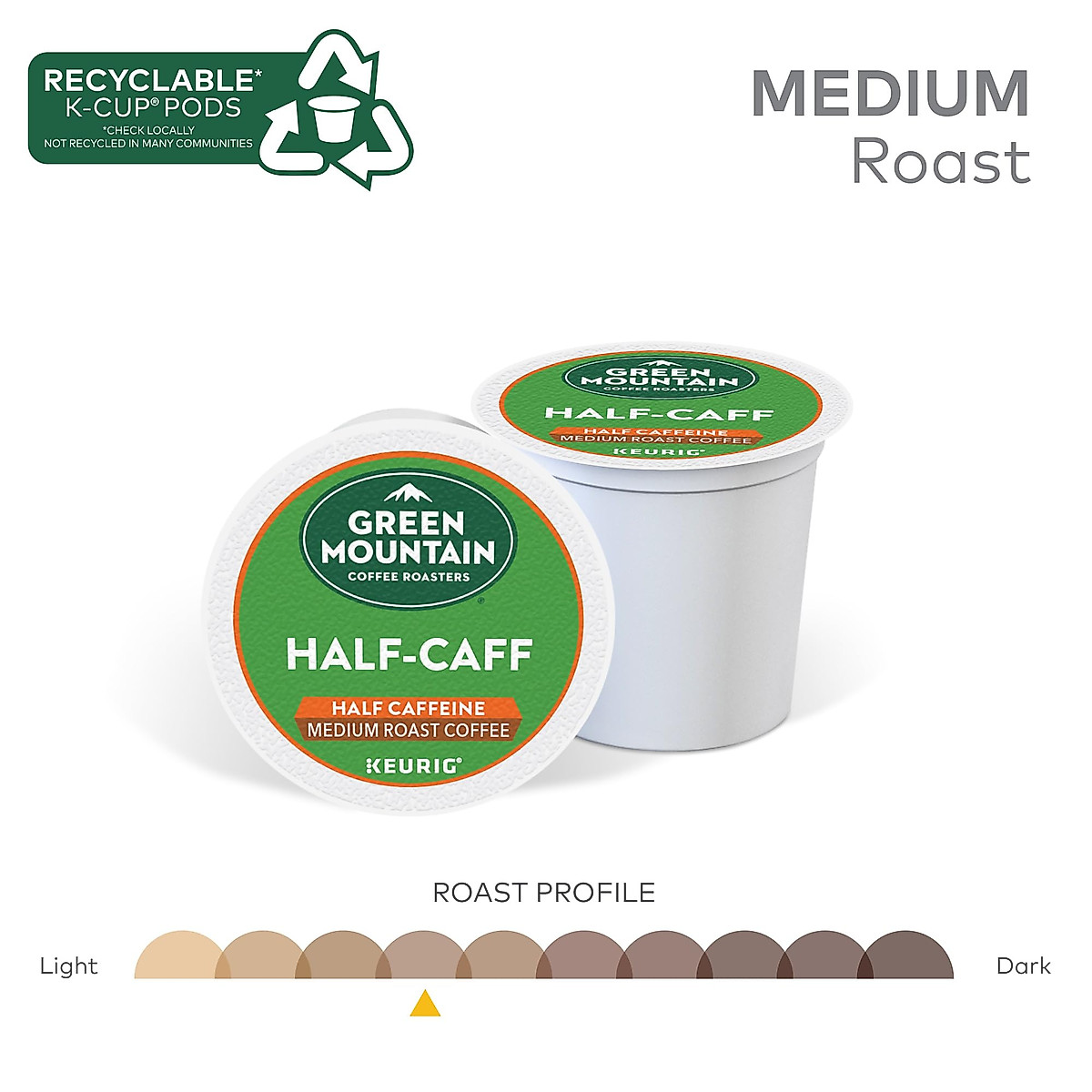 Green Mountain Coffee Roasters Half Caff, Single-Serve Keurig K-Cup Pods, Medium Roast Coffee, 12 Count (Pack of 6), Total 72 Count