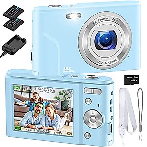 Digital Camera, RUAHETIL Autofocus FHD 1080P 48MP Kids Vlogging Camera with 32GB Memory Card, 2 Charging Modes 16X Zoom Compact Camera Point and Shoot Camera for Kids Teens (Light Blue)