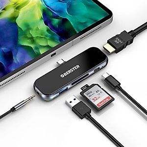 iPad Pro USB C Hub Adapter, 6-in-1 OBERSTER USB-C Hub with 4K HDMI/PD 100W/USB 3.0 & 3.5mm Headphone Jack/SD/TF Slots Compatible with iPad Pro 2020 2019 2018, iPad Air 4/iPad Mini 6 (6-in-1)