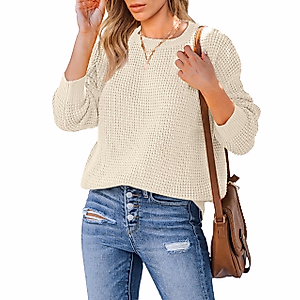 MEROKEETY Women's 2024 Long Sleeve Waffle Knit Sweater Crew Neck Solid Color Pullover Jumper Tops Beige