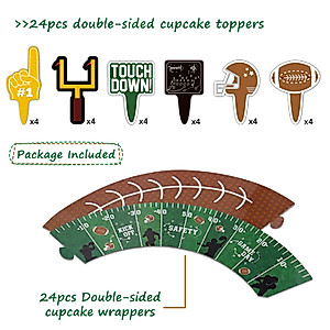 24packs Football Cupcake Toppers and Wrappers Football Theme Birthday Sports Game Day Sunday Party Decoration Supplies