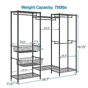 VIPEK V10S Wire Garment Rack Heavy Duty Clothes Rack Freestanding Closet Wardrobe Metal Clothing Rack with Sliding Baskets, 68.5" L x 17.6" W x 70.75" H, Max Load 800 LBS, Medium Size (Black)
