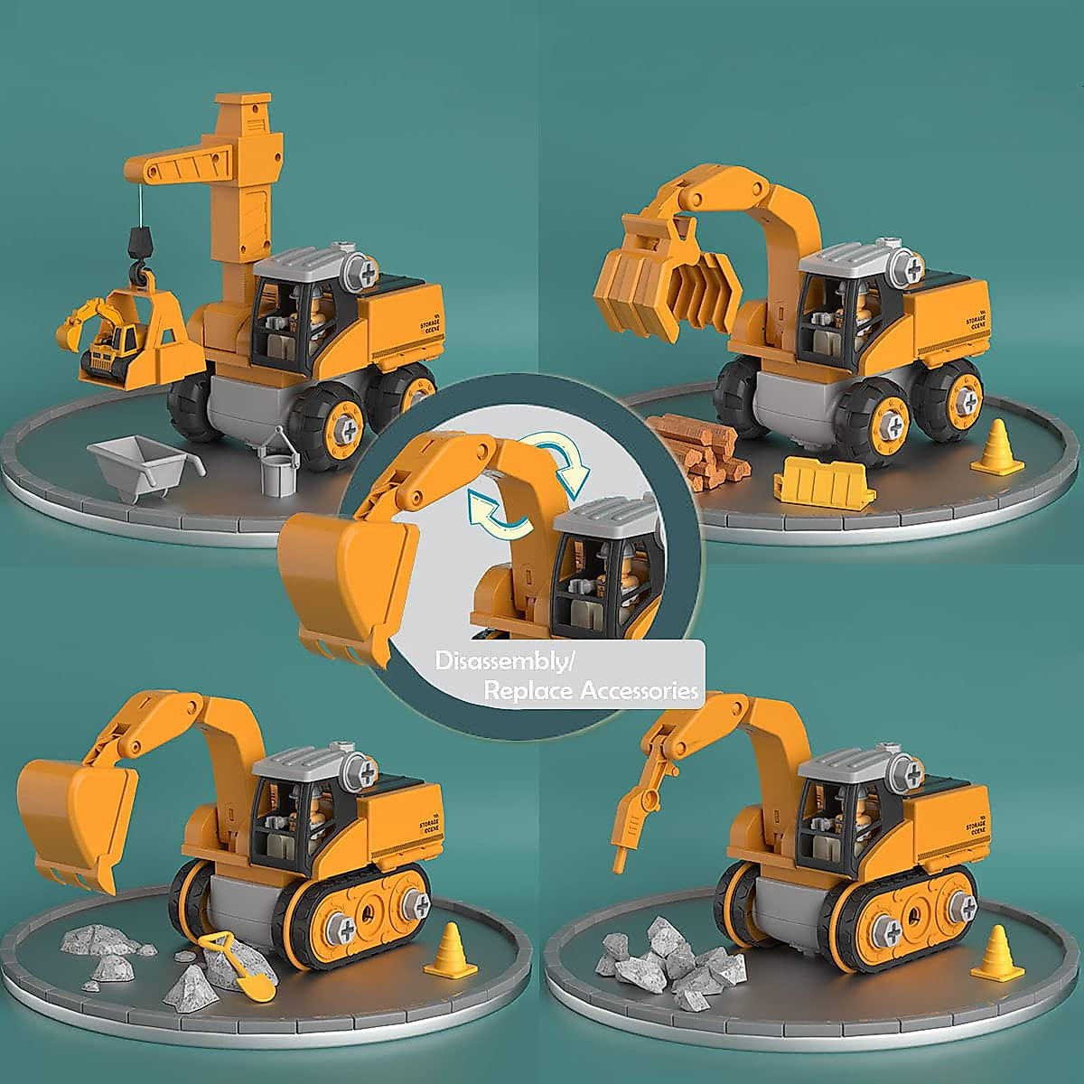 Kids Construction Toys Truck Set, Engineeering Vehicle Palyset, Crane Excavator Bulldozer Forklift, DIY Take Apart Toys with 4 Mini Cars for Age 3-8 Year Old Children, Christmas Birthday Gifts Boys