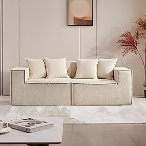 Yogald 78.74" Modern Minimalist Floor Loveseat Sofa, No Assembly Needed, Comfy Upholstered Small Couch, Compression Sofa for Living Room, Apartment, Studio, or Office (Corduroy Beige)