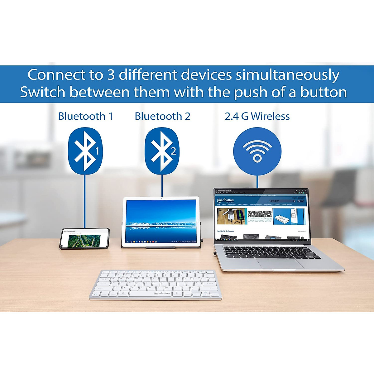 Manhattan Small Bluetooth Wireless Keyboard - Dual Modes of 2.4G + Bluetooth 4.2 - Connects Up To 3 Devices – Slim Mini Size – for Tablet, Mac, iPad, Apple, Android, Windows –3 Yr Mfg Warranty –180566