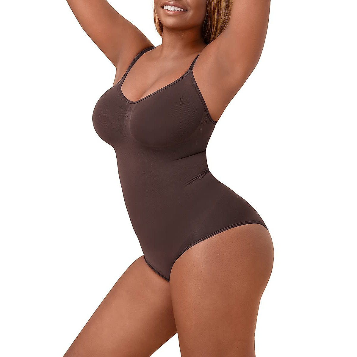 Soo slick Seamless Bodyshaper Bodysuit for Women - Full Body Shapewear, Sculpting Suits Sleeveless Round Neck Brown X-Large