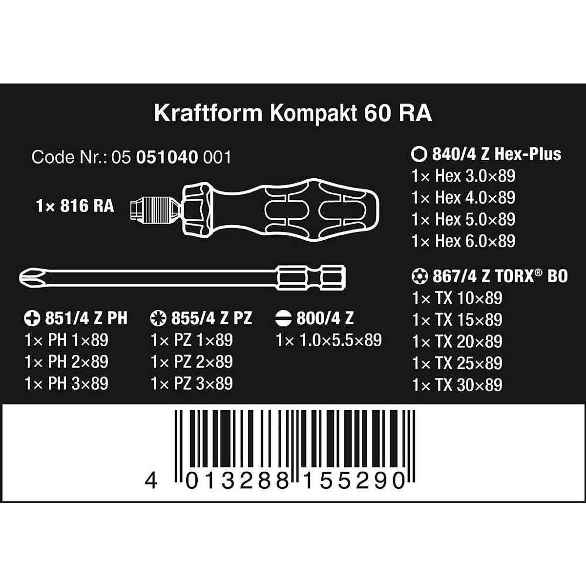 WERA - 5051040001 Kraftform Kompakt 60 Ra Ratchet Screwdriver & Long PZ, Ph, TX, Hex Bits, 051040