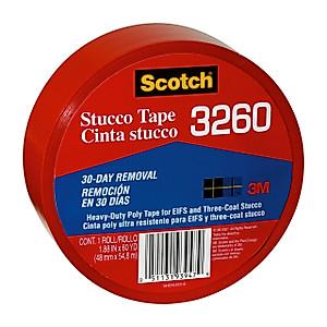 Scotch Stucco Tape, 1.88 in x 60yd, 30 Day Clean Removal, Heavy-Duty Outdoor Stucco Tape, UV & Moisture Resistant, Water Resistant Poly Backing, 1 Roll, Red (3260-A)