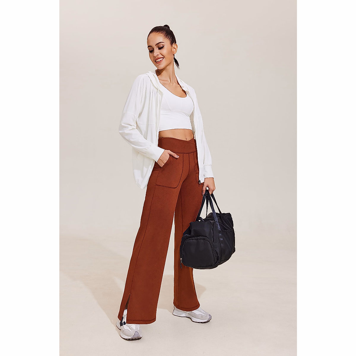 PINSPARK Womens Wide Leg Pants Cross High Waist High Stretch Dress Pants with 2 Pockets Elegant Side Slit for Yoga Casual Work WineRed