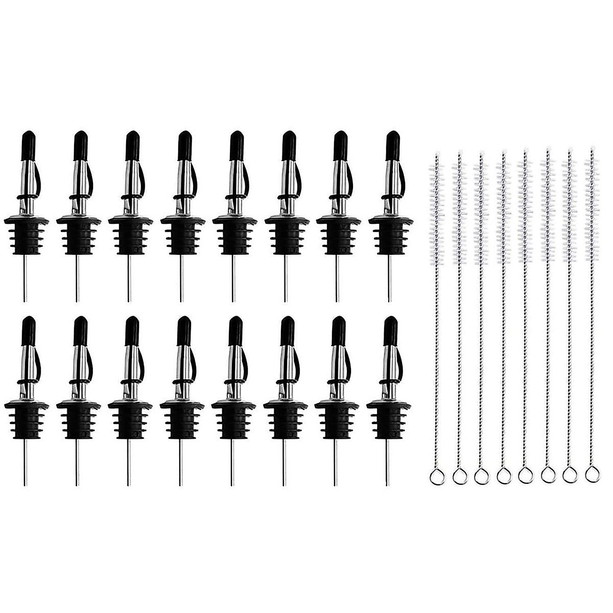 16PCS Liquor Pourers, Stainless Steel Liquor Bottle Pourers Tapered Spout with Rubber Dust Caps, with 8pcs Cleaning Brush, Suitable for About 3/4" Bottle Mouth