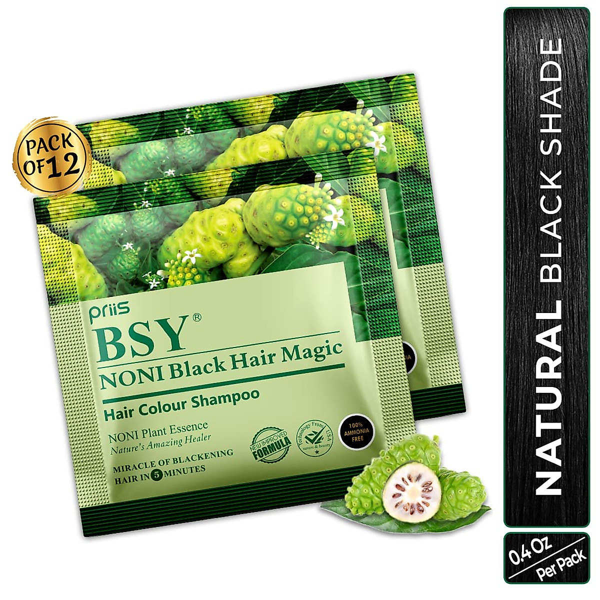 BSY Black Hair Magic Color Shampoo (12ml x 12 Sachets) | Ammonia-Free Permanent Noni Fruit Hair Dye for Men and Women | Natural 5-Minute Hair Color
