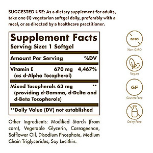 Solgar Vitamin E 670 mg (1000 IU), 100 Vegetarian Softgels - Natural Antioxidant, Skin & Immune System Support - Naturally-Sourced Vitamin E - Non-GMO, Vegan, Gluten Free, Dairy Free - 100 Servings