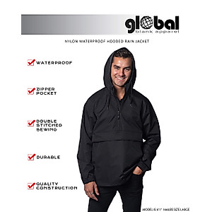 Global Blank Windbreaker Men’s Rain Jacket, Waterproof Hoodie Zip-Up Anorak, Black, Large