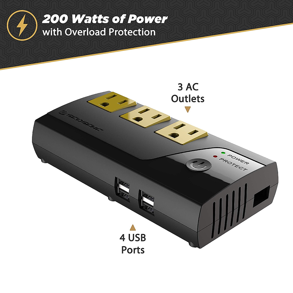 Scosche PI200PS-1 INVERT200 200W Mobile Power Inverter with 3 AC Outlets, 4 USB Ports and a 12V Car Adapter with Cable