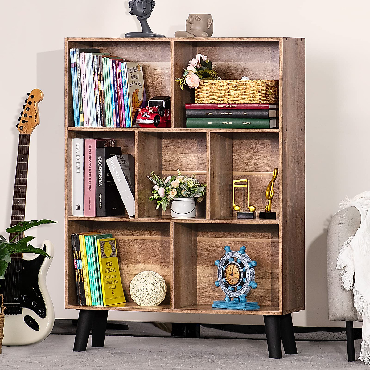 LEYAOYAO 7 Cube Bookshelf 3 Tier Modern Bookcase with Legs,Wood Book Shelves Storage Organizer Shelf,Free Standing Bookcases,Oak Display Bookshelves