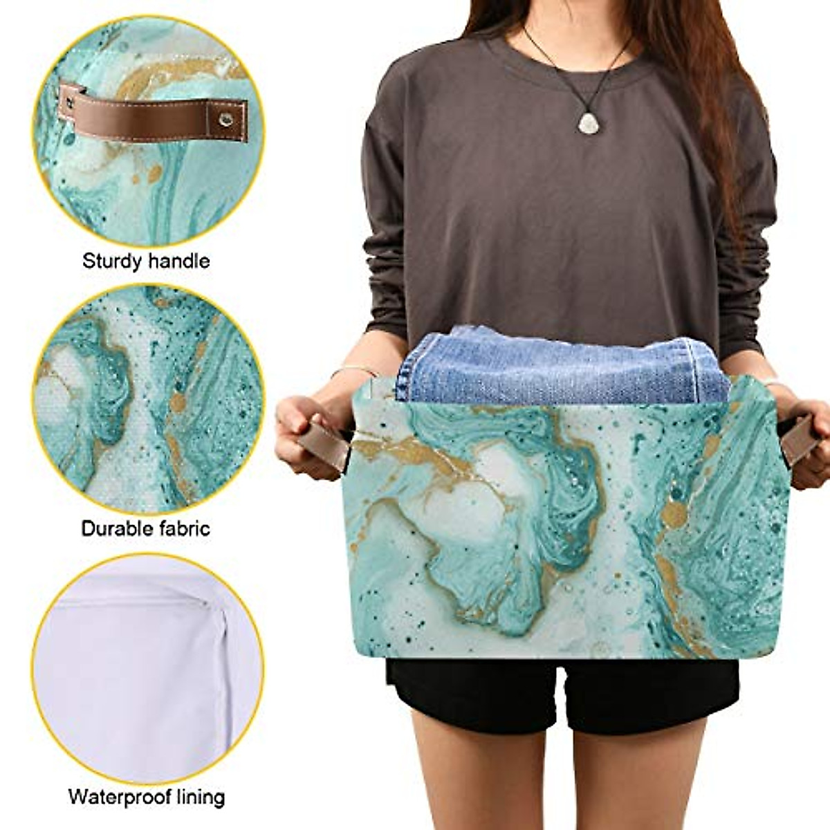 KEEPREAL Turquoise Marble Texture Basket Bin Large Storage Basket Toy Basket Canvas Storage Basket Clothes Basket Decorative Basket for Home Office (15x11x9.5inch)