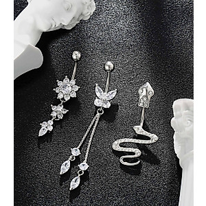 Shakalaka 9pcs Surgical Steel Belly Button Ring for Women Belly Piercing Dangling Cute Heart Butterfly Navel Rings Pack Silver Color