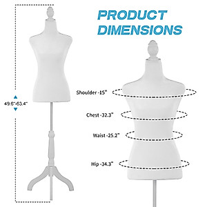 BLKMTY Female Mannequin Torso Dress Form Sewing Mannequin Manikin Body Height Adjustable Clothing Dress Model w/ Tripod Base Stand for Sewing Dressmakers Dress Jewelry Display 49-63 Inch, White