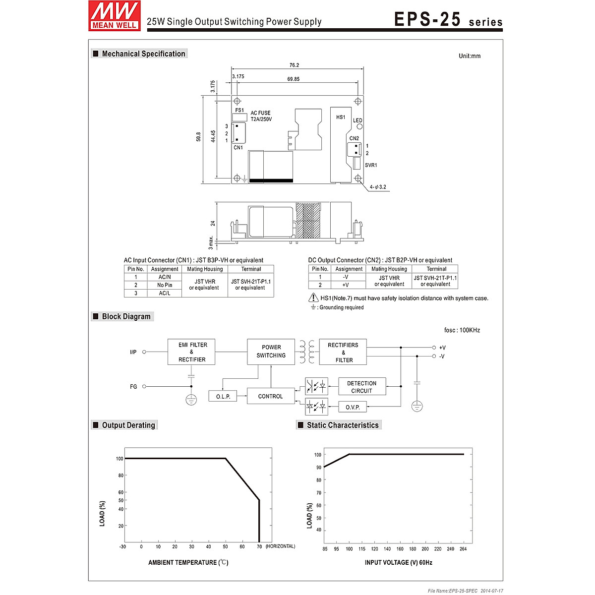 MEAN WELL EPS-25-24 Open Frame Switching Power Supply, 24VDC, 1050 mA 25 Watt