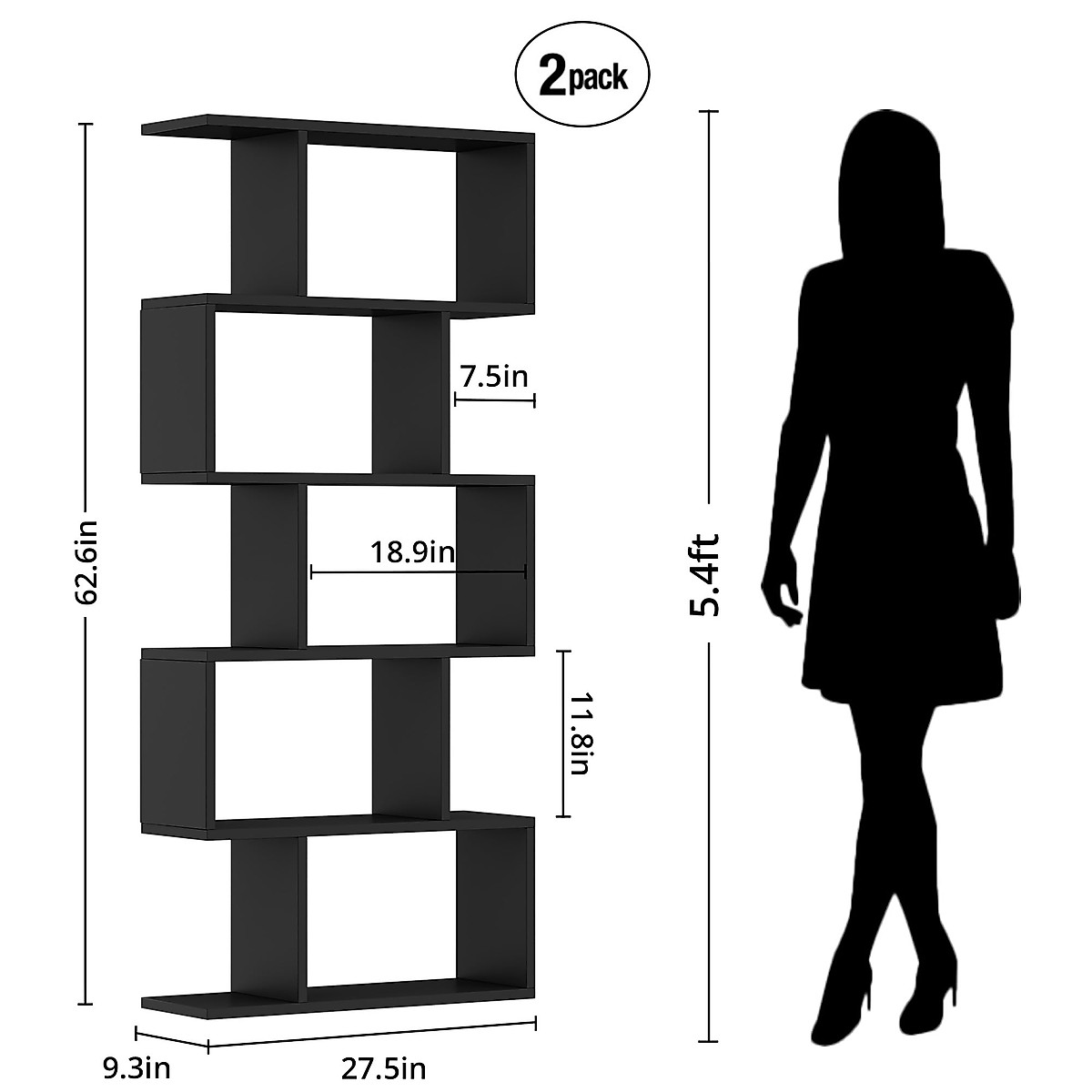 DIYART Black 5-Tier Geometric Bookcase, S-Shaped Modern Bookshelf Set of 2, 62.6" Tall Room Divider Book Shelf, Decorative Display Shelf