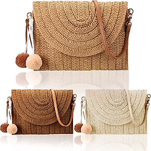 3 Pieces Straw Crossbody Bag for Women Shoulder Bags Purse Beach with Pompom Summer Envelope Wallet, Khaki, Brown, Beige