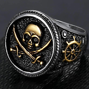 Jude Jewelers Stainless Steel Antique Vintage Skull Pirate Knife Death Halloween Cocktail Party Biker Ring (Silver Gold, 10)