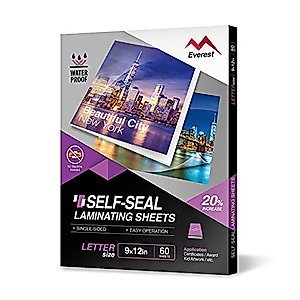 Everest Self Adhesive Laminating Sheets, Single Sided, Waterproof, Removable Adhesive Within 24 Hours, 9 x 12 Inches, 60 Clear Self Seal Laminating Sheets, Letter Size