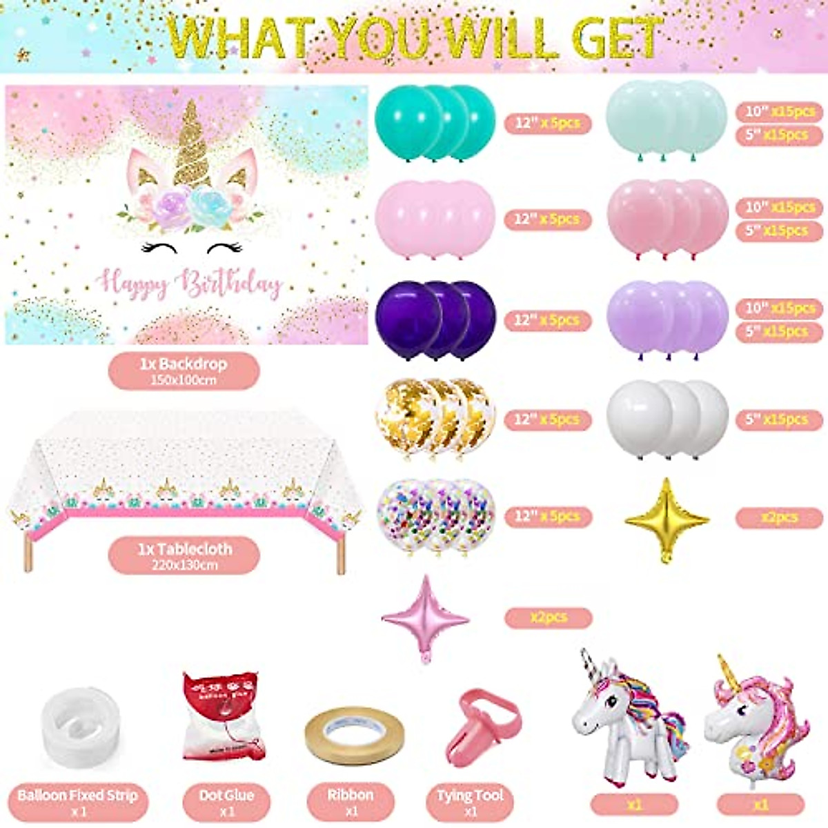 Unicorn Birthday Party Decorations Girls, 142PCS Unicorn Birthday Party Supplies Including Unicorn Backdrop, Unicorn Balloon Arch/ Garland Kit, Unicorn Tabblecloth