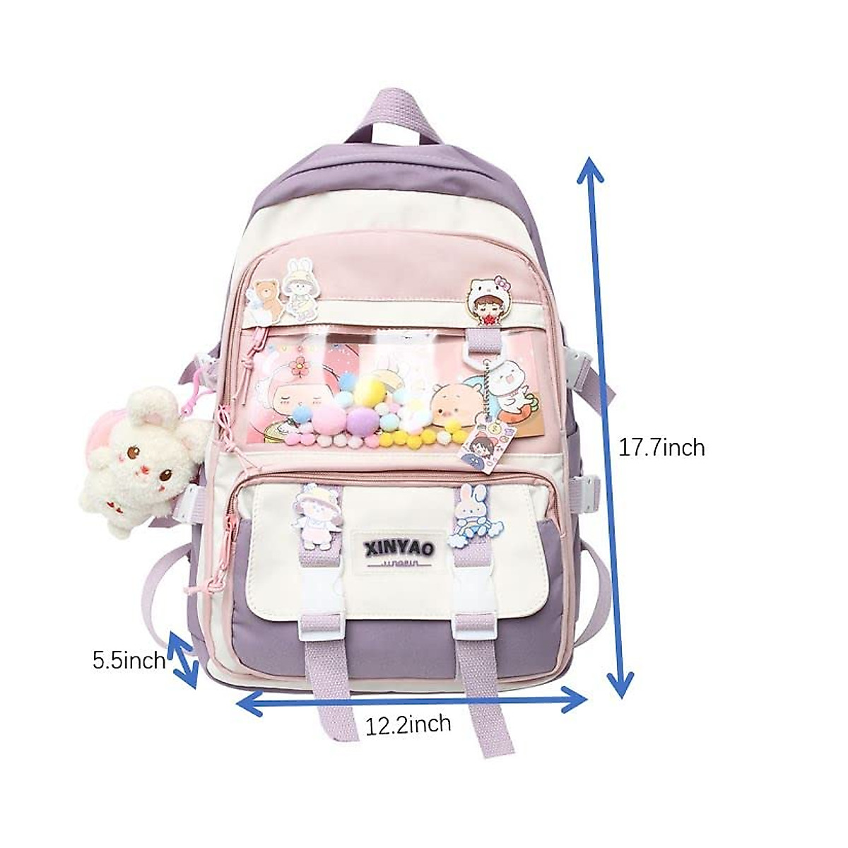 HomeSweety Aesthetic lovely cute Back to school pastel backpack with free kawaii cartoon pendant accessories pins for teen girls