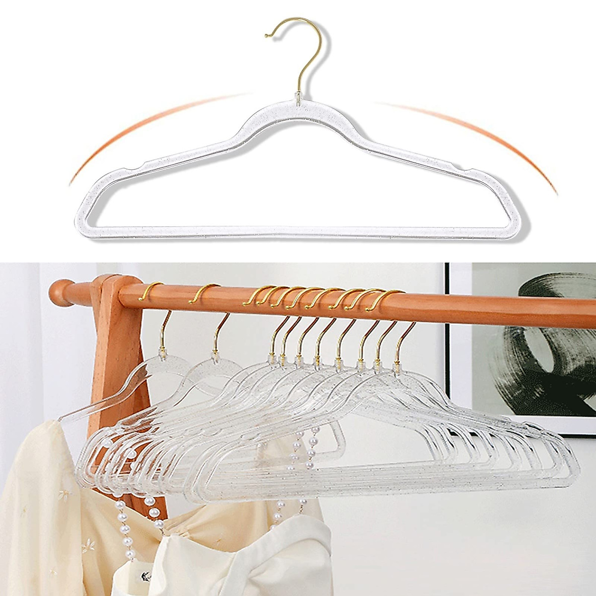 Clear Clothes Hangers 16", 20 Pack Plastic Coat Hanger for Adult Closet, Durable Bling Ganchos de Ropa with Swivel Hook, Notched Shoulders & Ultra-Thin Space Saving Laundry Hanger for Dress Suits