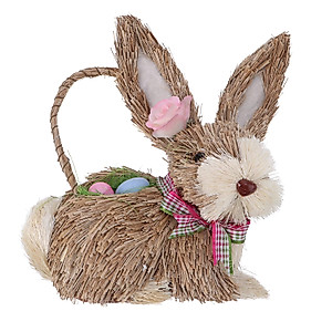 Easter Bunny Figurine Straw Woven Easter Rabbit Statue Sculpture Farmhouse Decoration for Easter Spring Decor