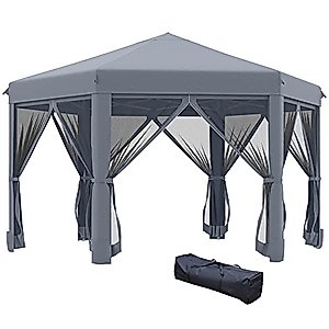 Outsunny 13' x 11' Hexagonal Pop Up Gazebo, Heavy Duty Outdoor Canopy Tent with 6 Mesh Sidewall Netting, 3-Level Adjustable Height and Strong Steel Frame, Gray